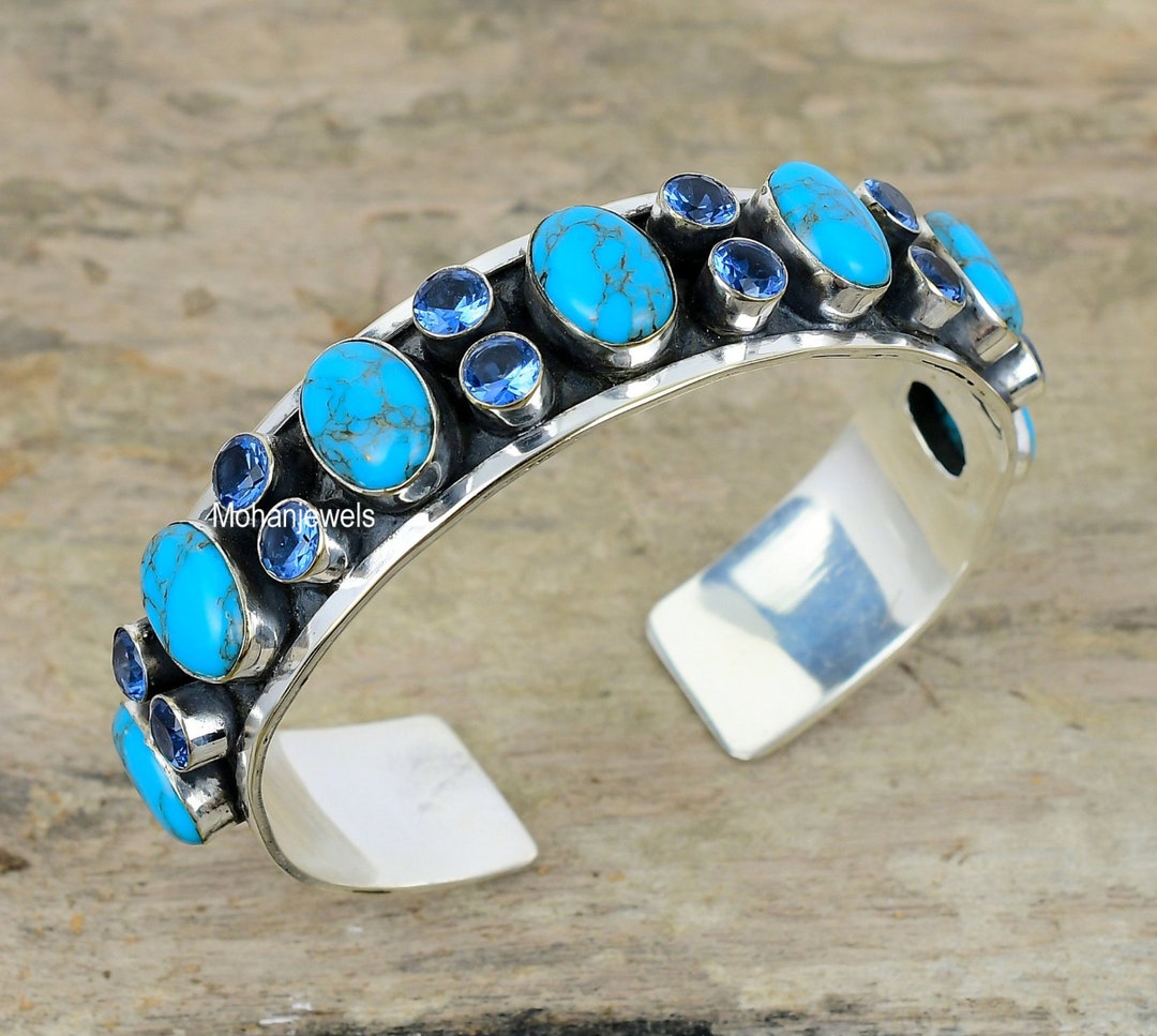 Turquoise Cuff Bracelet Kingman Turquoise & Blue Topaz Silver Plated ...