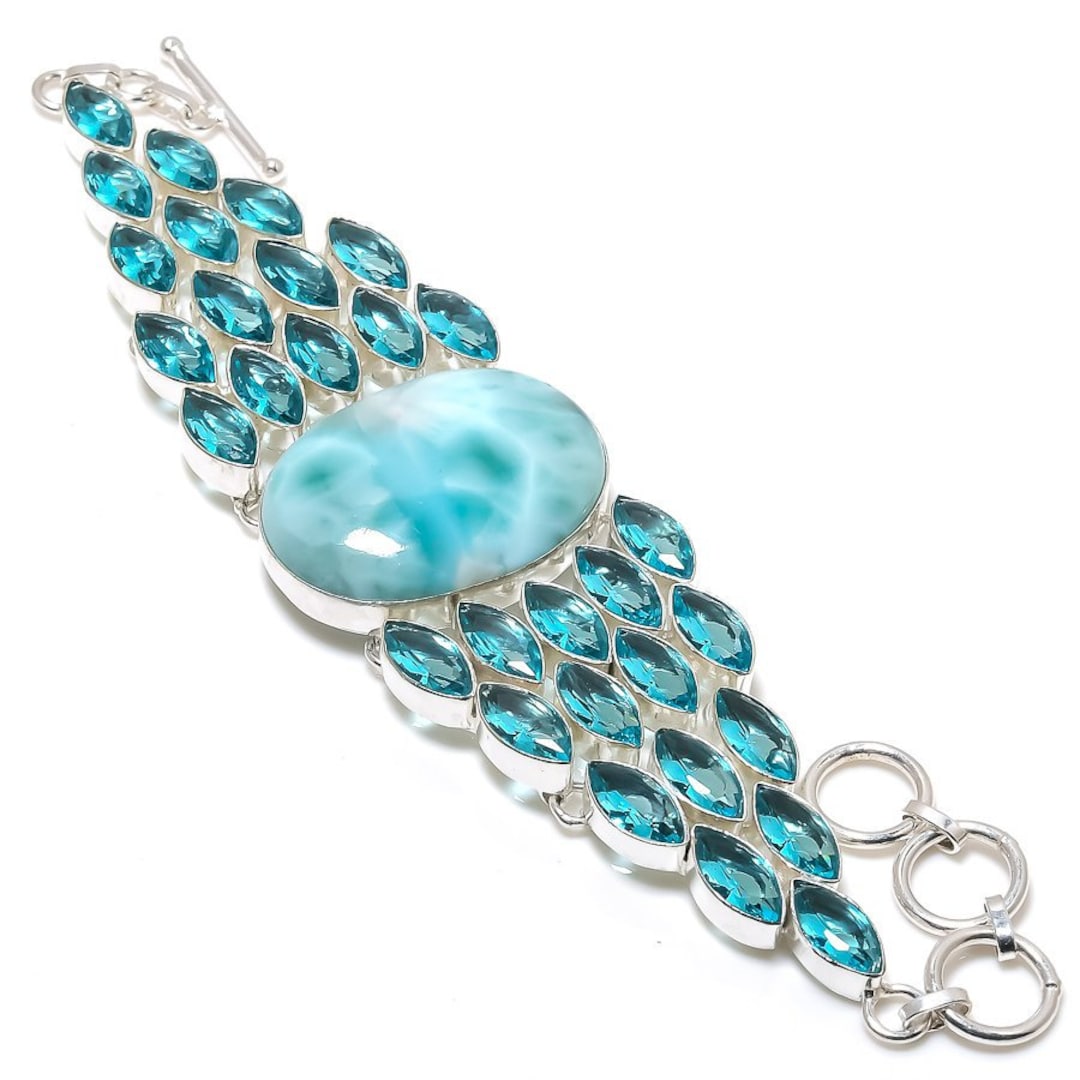 Larimar Bracelet, Caribbean Larimar Blue Topaz Gemstone Silver Plated Bracelet, Larimar Jewelry ...