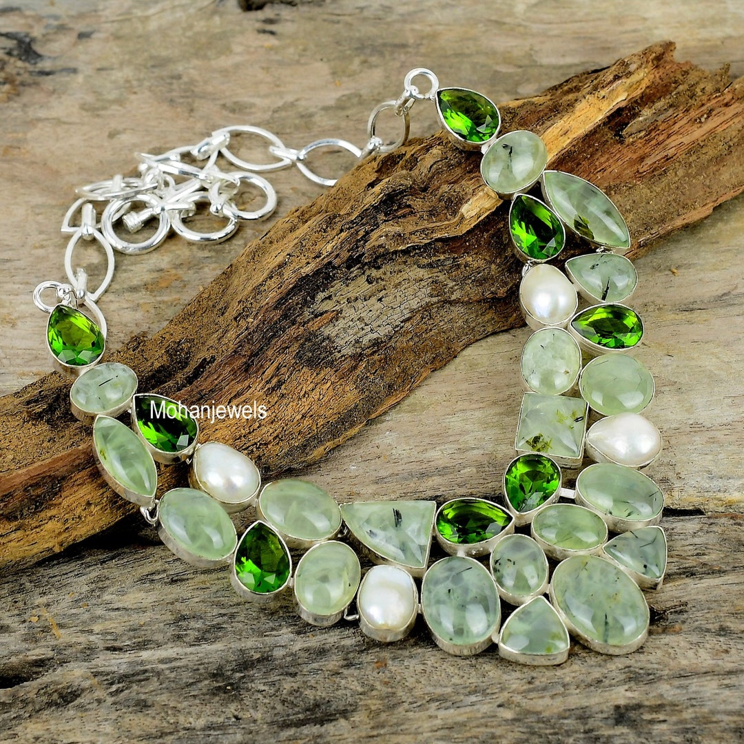 Moss Prehnite and Biwa Pearl Gemstone Silver Plated Adjustable Necklace ...