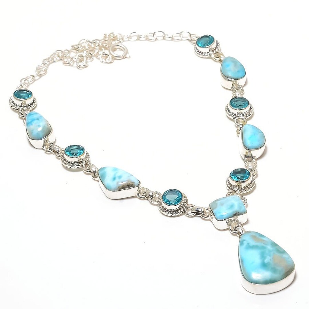 Larimar and Blue Topaz Gemstone Necklace, 925 Silver Plated Necklace ...