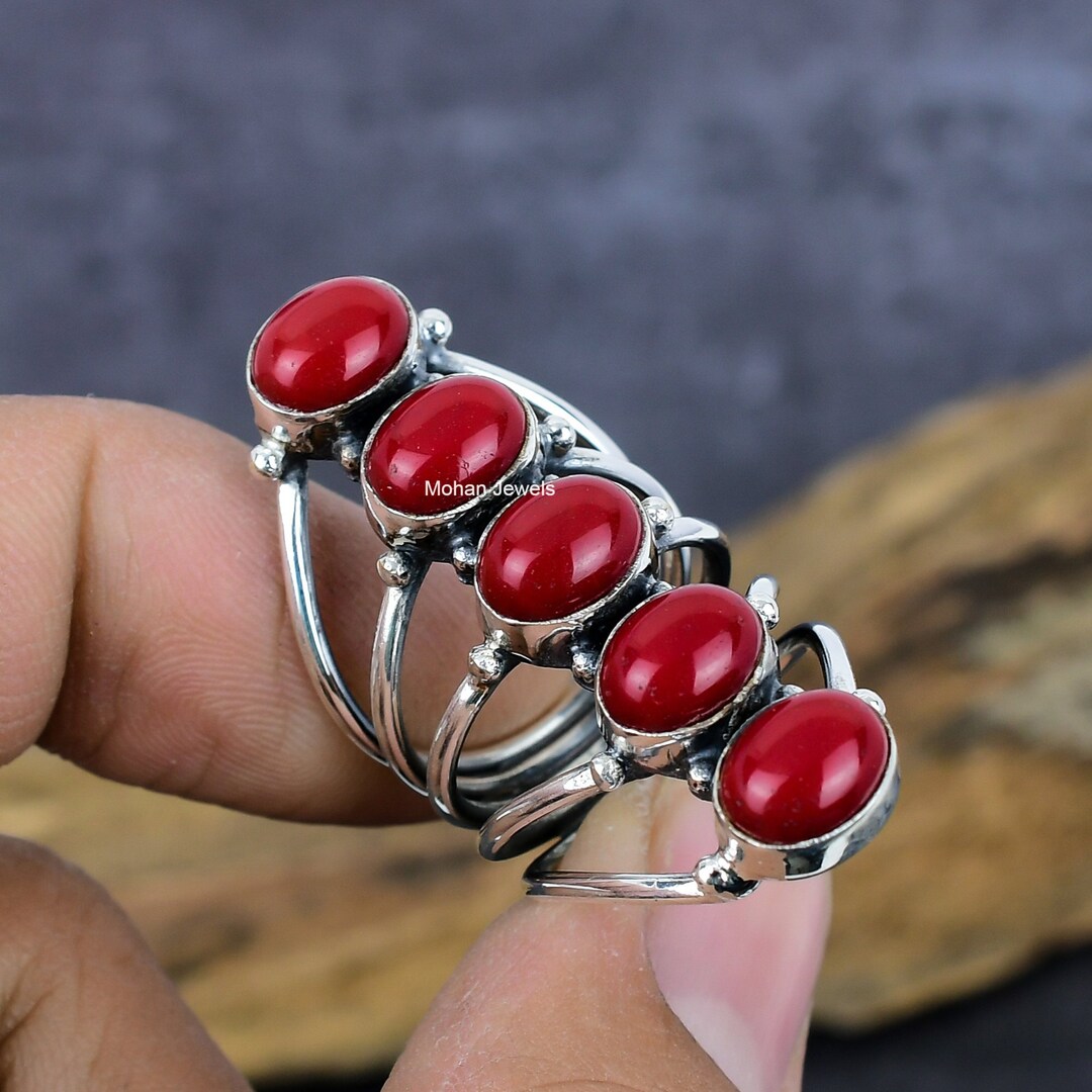 Coral Gemstone Ring, Blood Red Coral Ring, Handmade Silver Plated Ring ...