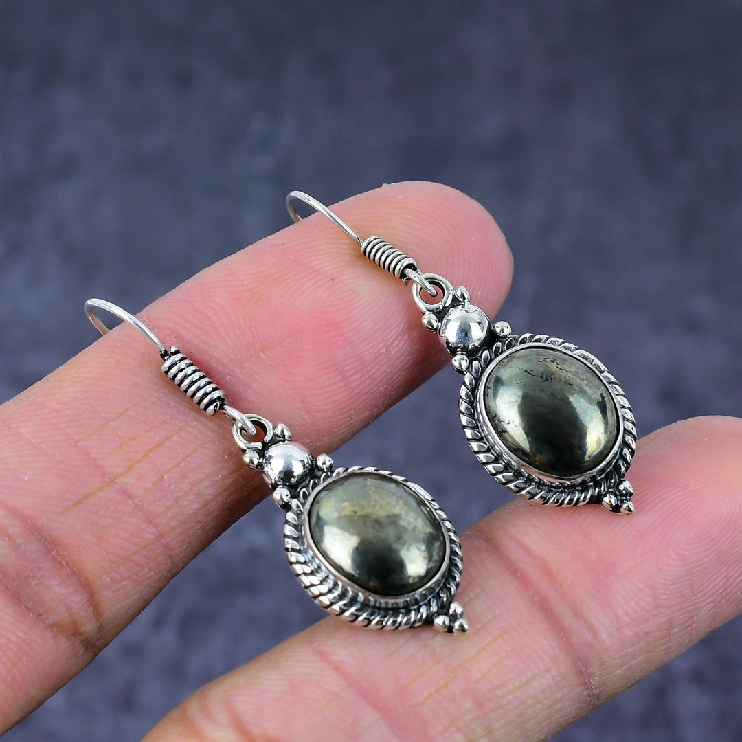 Pyrite Earrings, Natural Apache Pyrite Gemstone Silver Plated Earrings ...