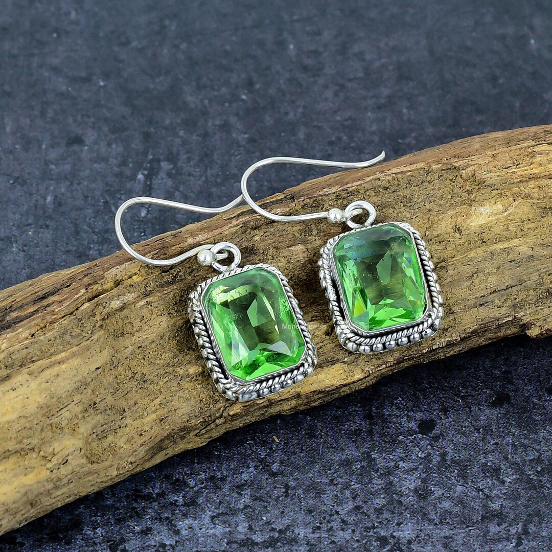Green Amethyst Quartz Earrings, Apple Green Quartz Silver Plated Drop ...