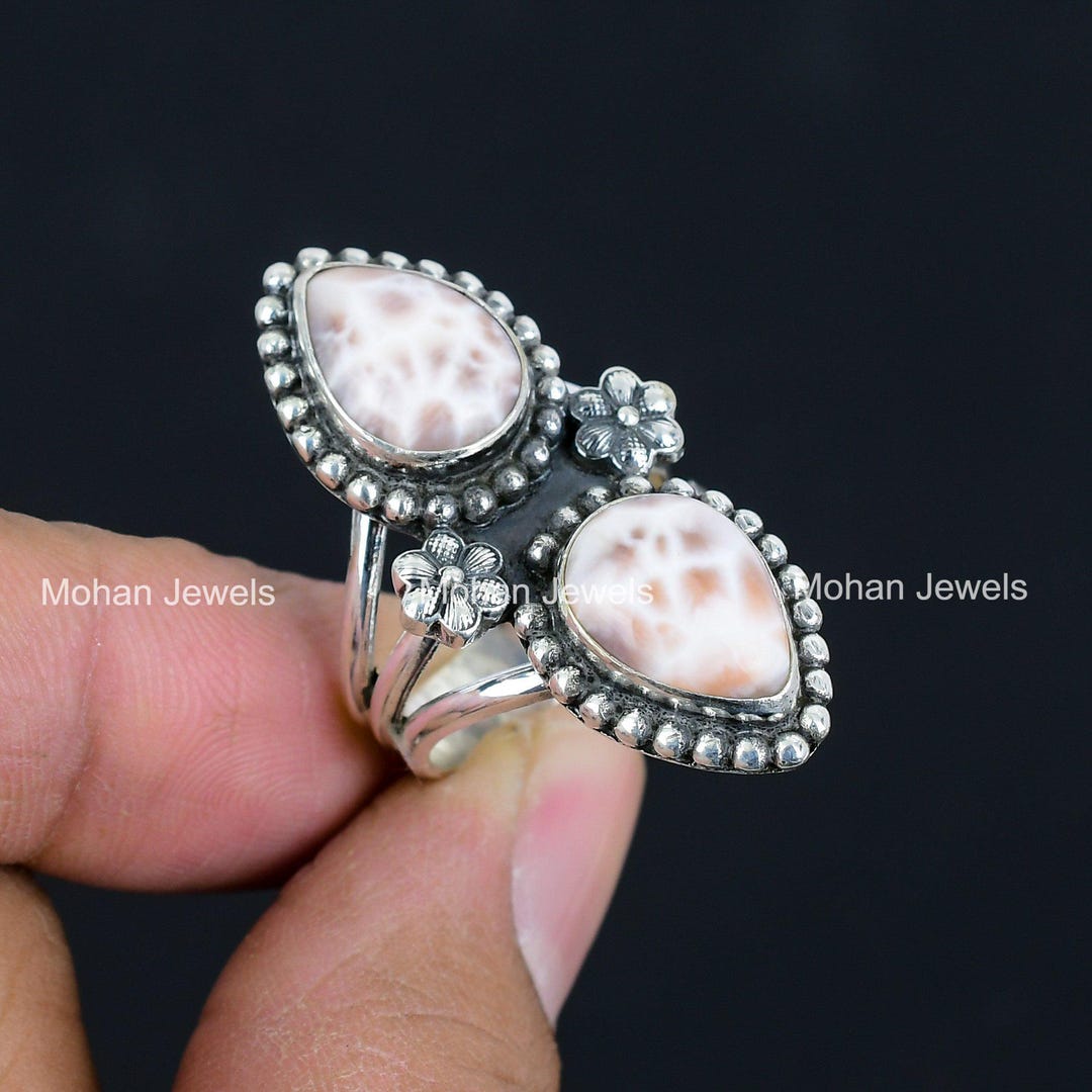 Pink Larimar Two Stone Silver Ring: Rose Natrolite Gemstone - Etsy