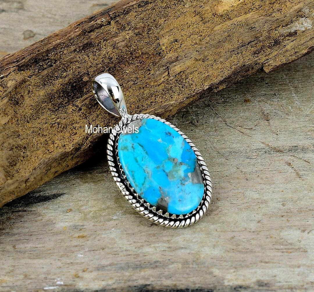 Turquoise Pendant Pyrite Turquoise Gemstone Silver Plated Necklace ...