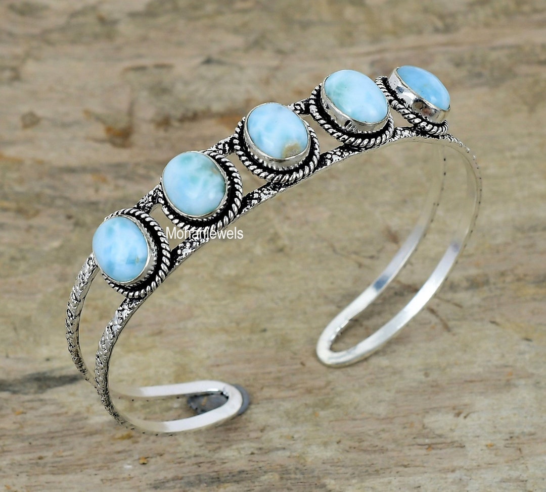 Larimar Cuff Bracelet, Genuine Larimar Gemstone Silver Plated Bracelet, Healing Stone, Handmade ...