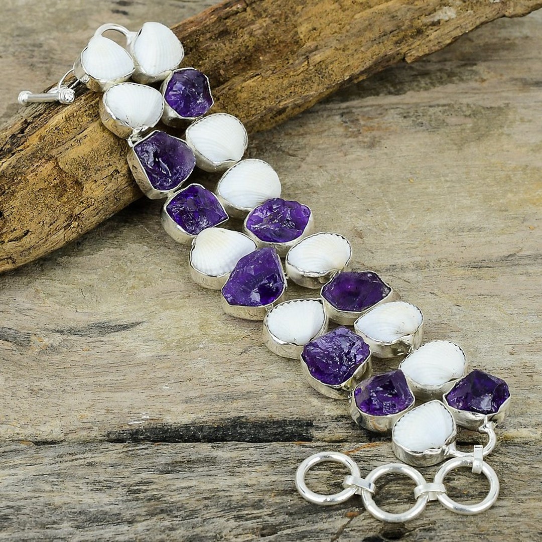 Amethyst & Oyster Shell Silver Plated Bracelet: Adjustable Gemstone ...