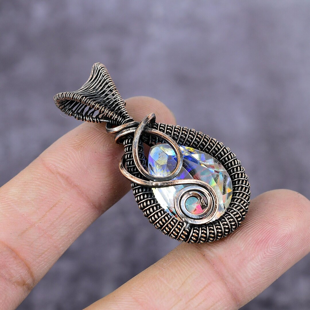 Rainbow Mystic Topaz Pendant, Copper Wire Wrapped Pendant, Aurora ...