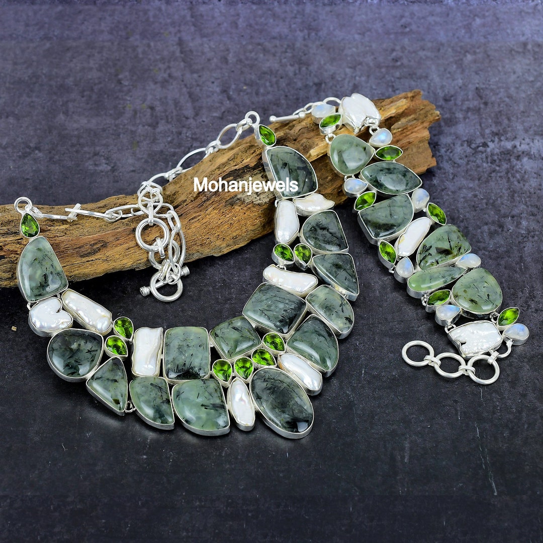 Moss Prehnite Biwa Pearl Peridot Necklace Bracelet Jewelry Set, Cluster ...