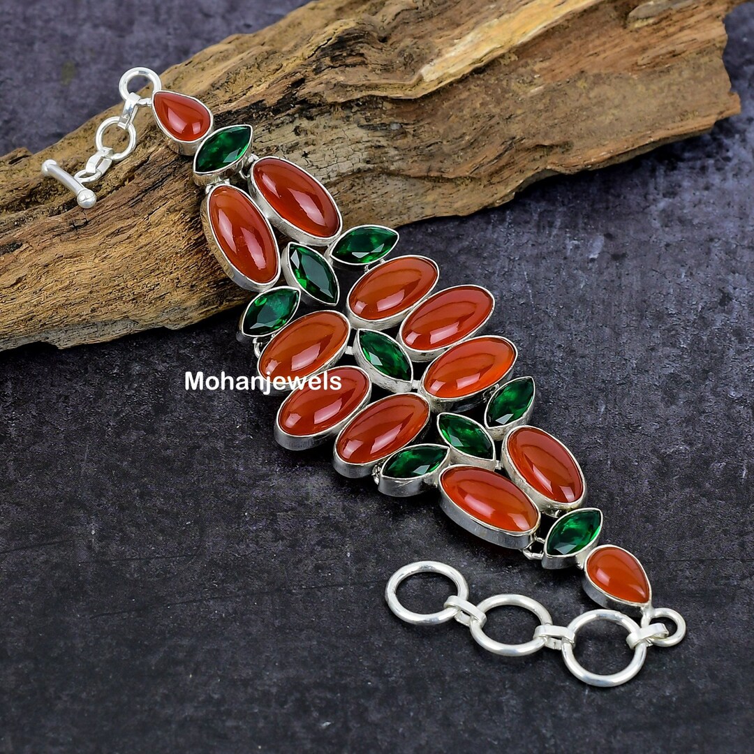 Carnelian Bracelet, Natural Carnelian & Diopside Silver Plated Bracelet ...