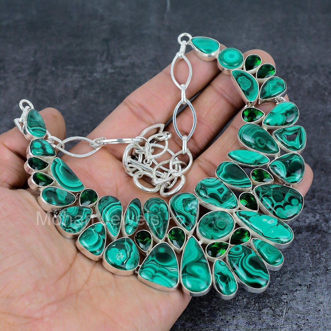 Malachite Necklace, Natural Malachite Gemstone Silver Jewelry Necklace, Peridot Necklace, Green ...