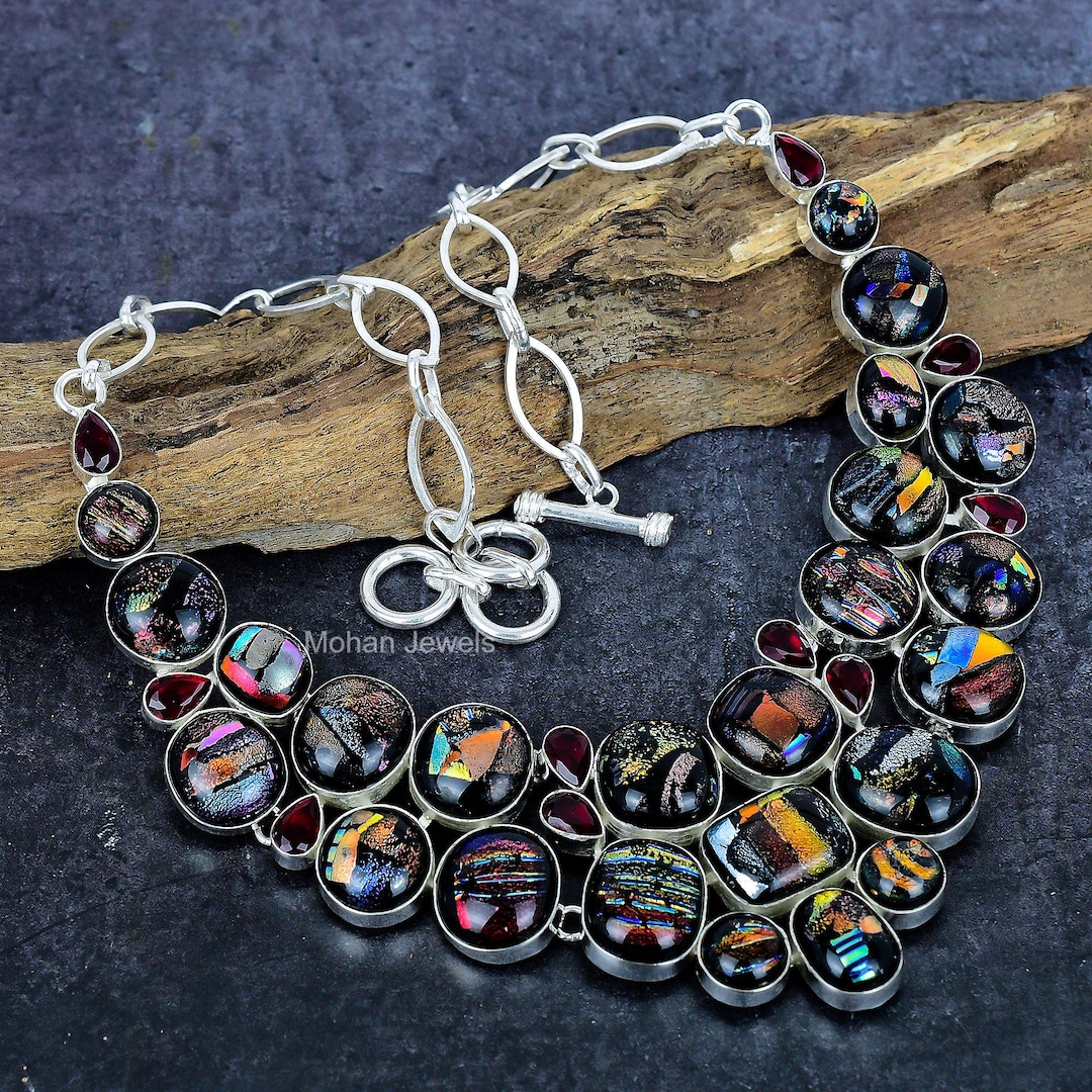 Multi Color American Dichroic Glass With Garnet Stone Silver Plated ...