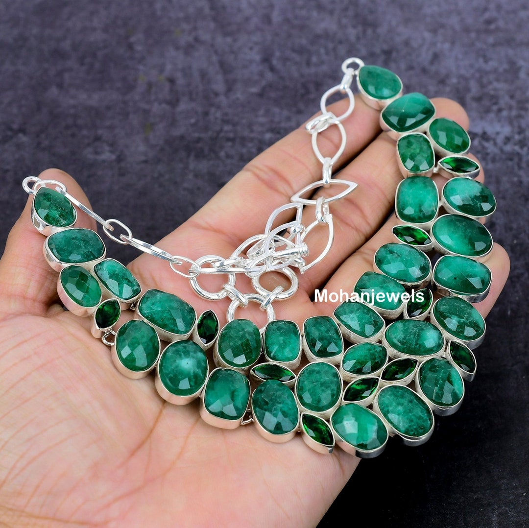 Emerald Necklace, Indian Emerald & Diopside Silver Plated Necklace ...