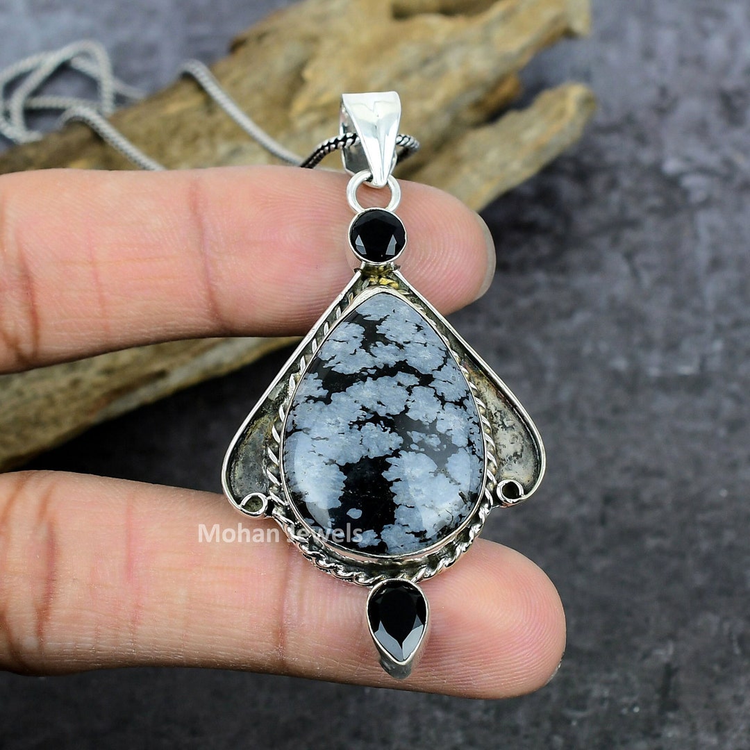 Snowflake Obsidian Black Onyx Gemstone Silver Plated Gemstone Pendant ...