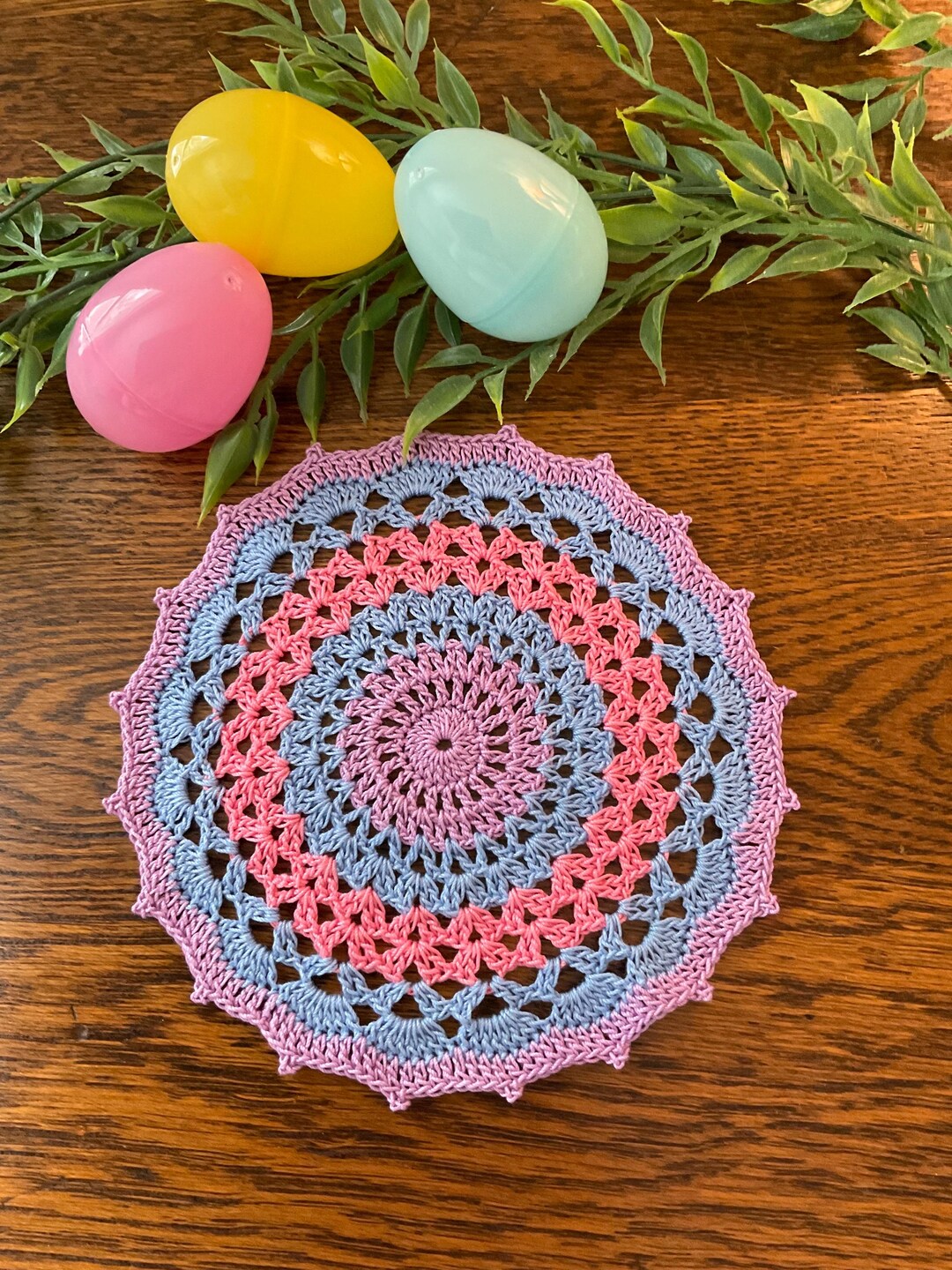 New Handmade Spring Easter Crochet Doily 7” Round Cotton Pink Aqua ...