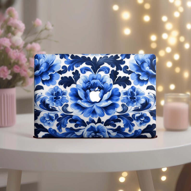 Cobalt Blue Floral Vinyl Sticker Set Folk Art MacBook Air 2025 15 Inch ...
