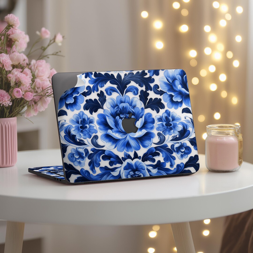 Cobalt Blue Floral Vinyl Sticker Set Folk Art MacBook Air 2025 15 Inch ...