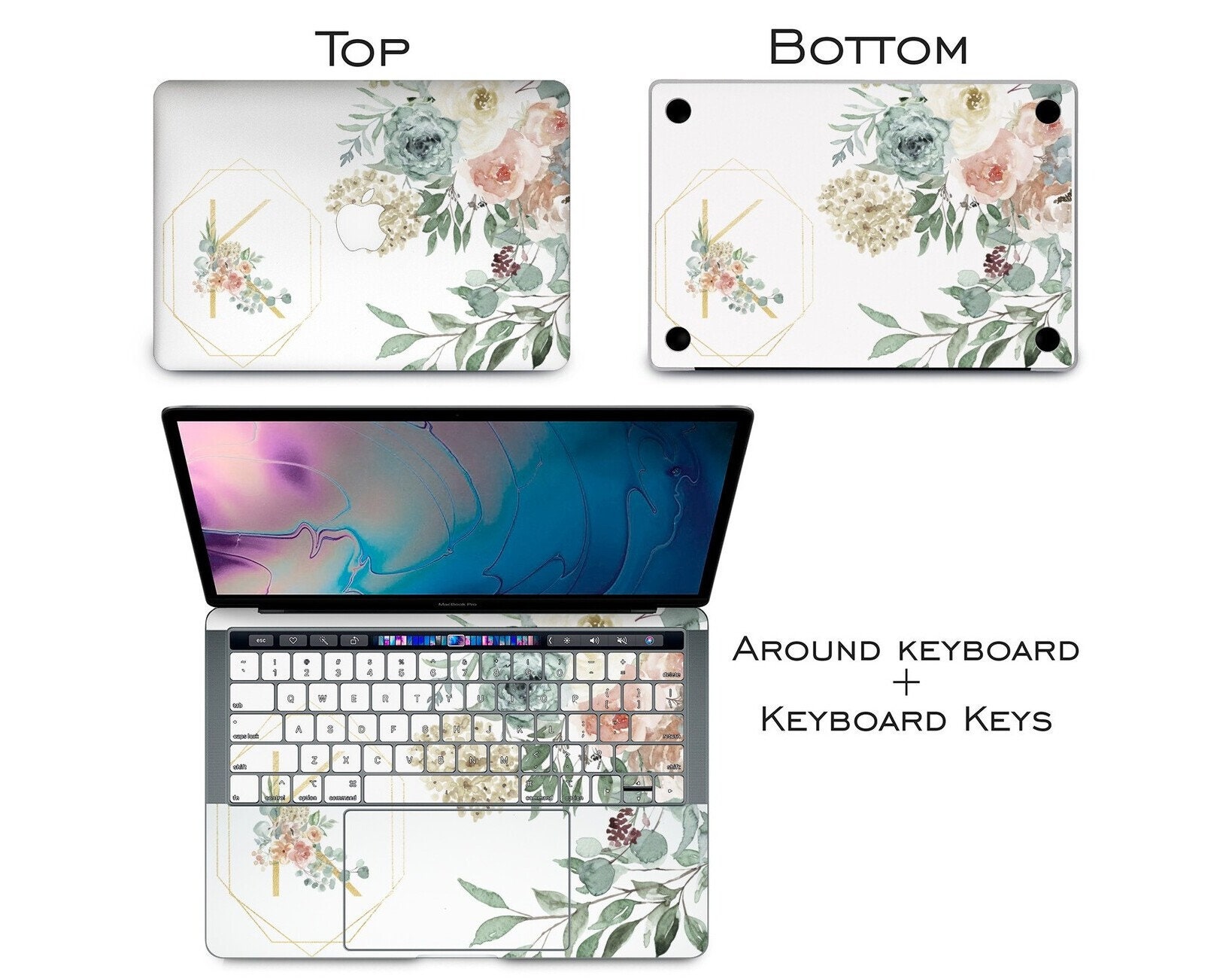 Flowers Watercolor Monogram Peonies Vinyl Sticker Set Keyboard - Etsy