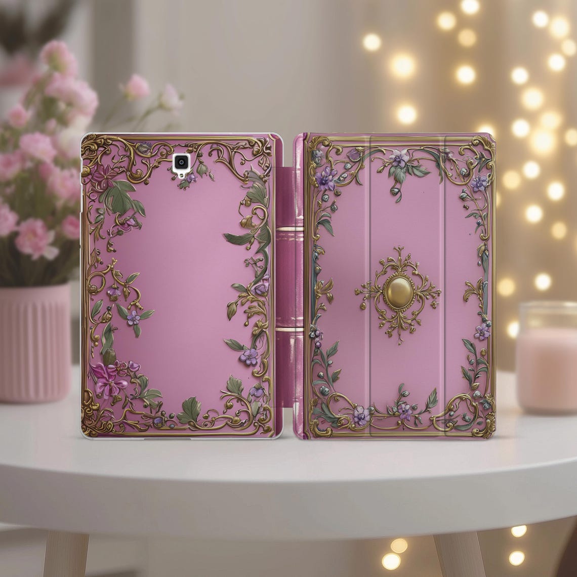 Pink Old Book Case for Samsung Galaxy S10 Ultra S9 Rococo Tablet Folio ...