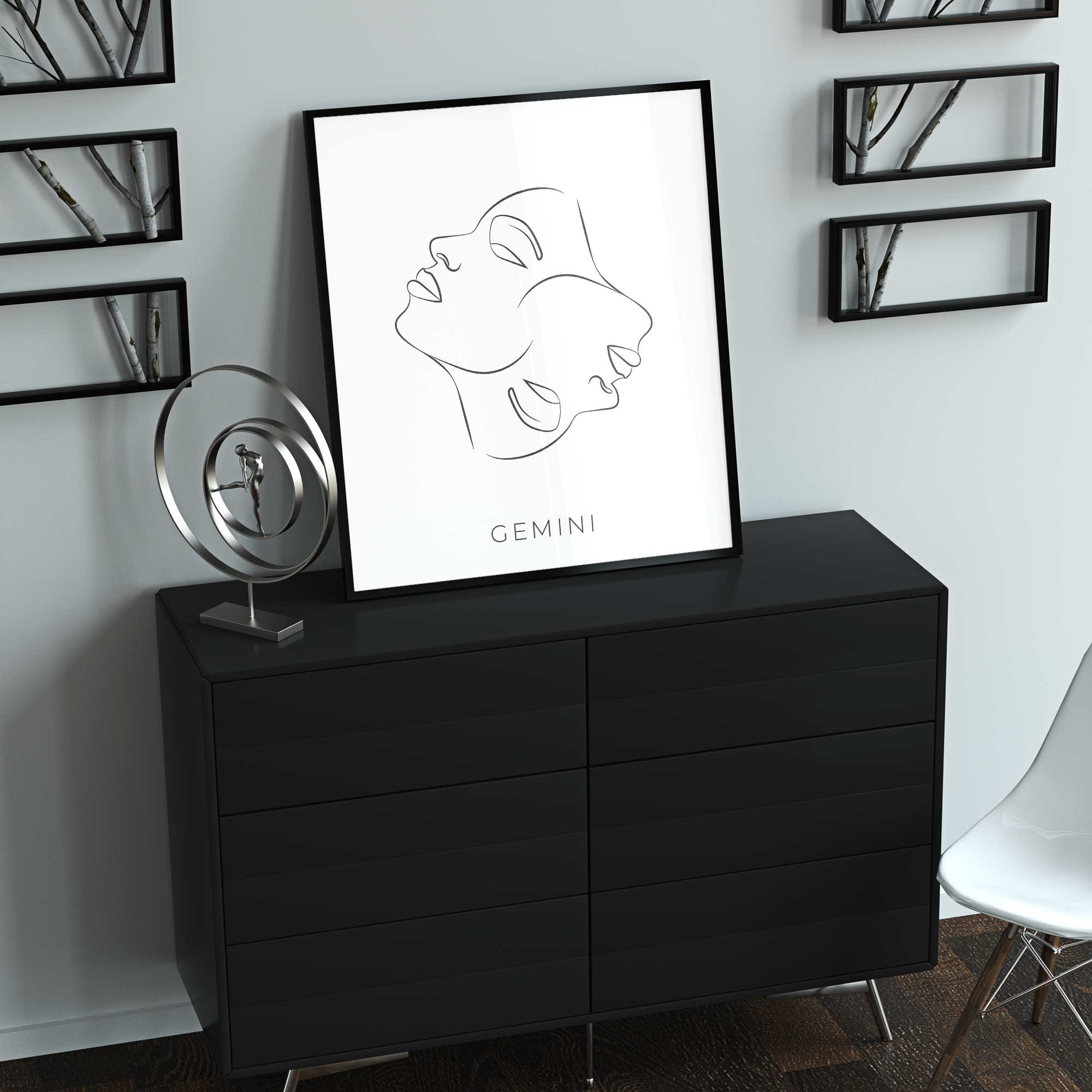 Abstract Gemini Line Art Drawing, Horoscope Wall Art, Zodiac Sign ...
