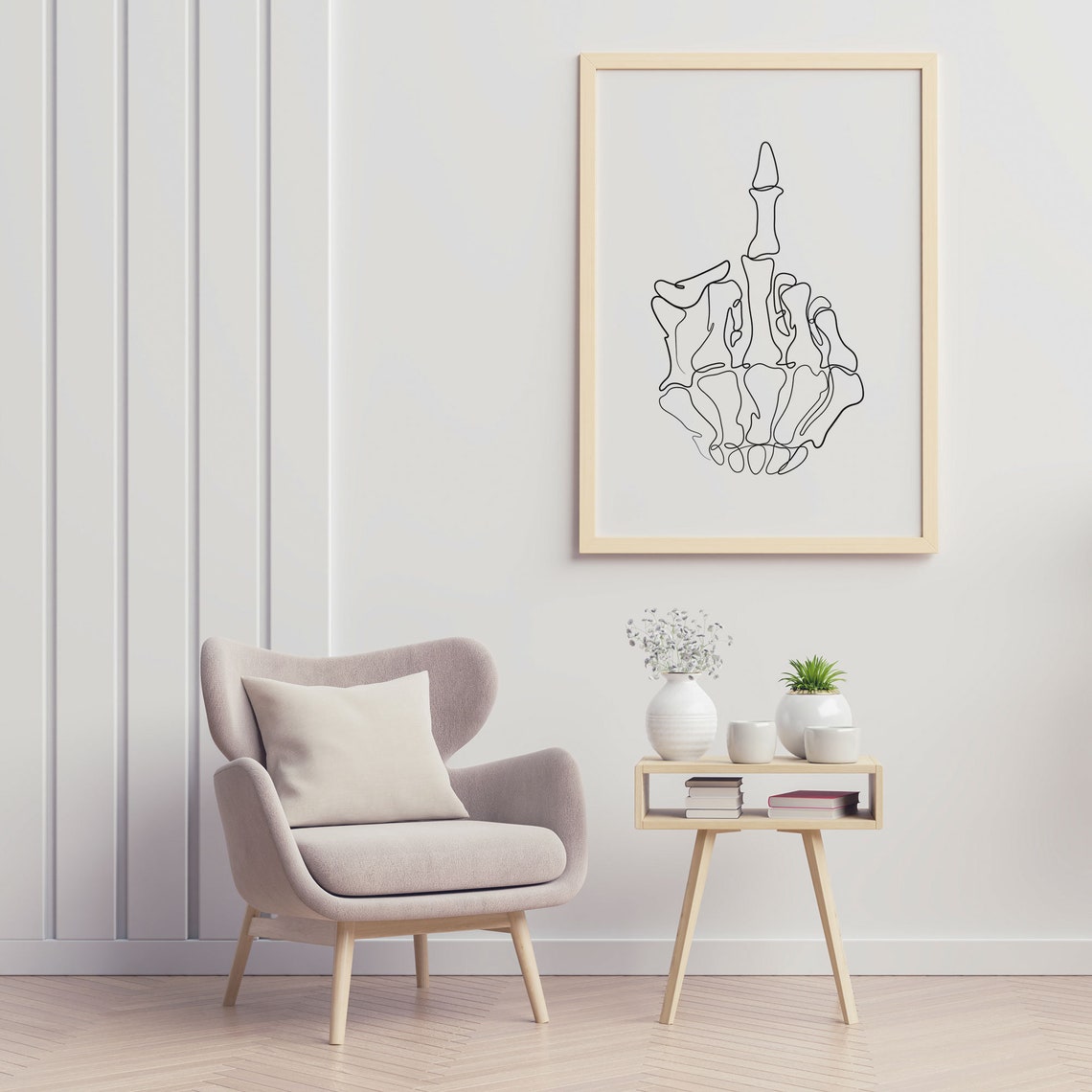 Abstract Middle Finger Skeleton Hand Line Art Wall Decor Minimalist One ...