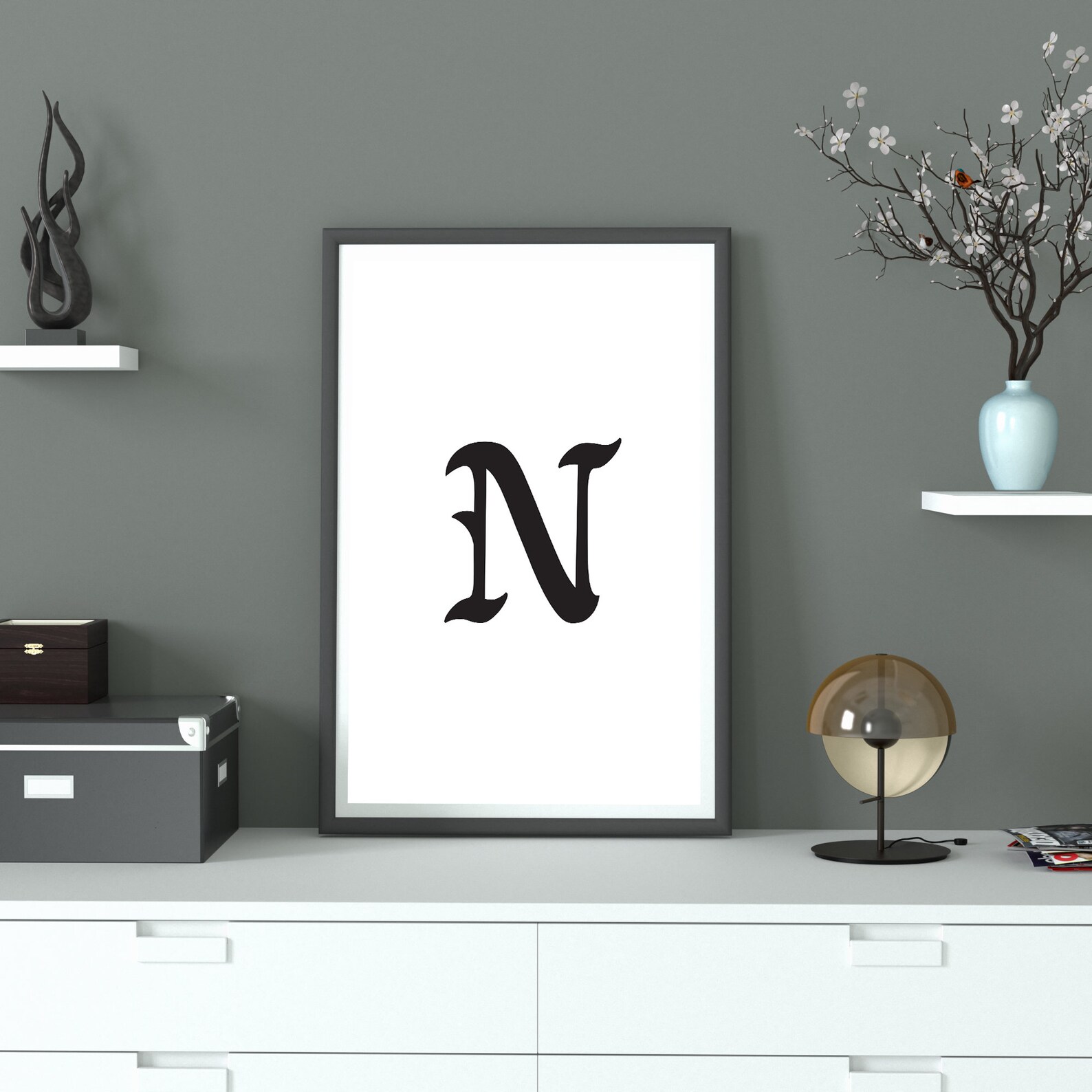 Alphabet Letter N Monogram Initial Wall Art, Minimalist Typography Wall ...