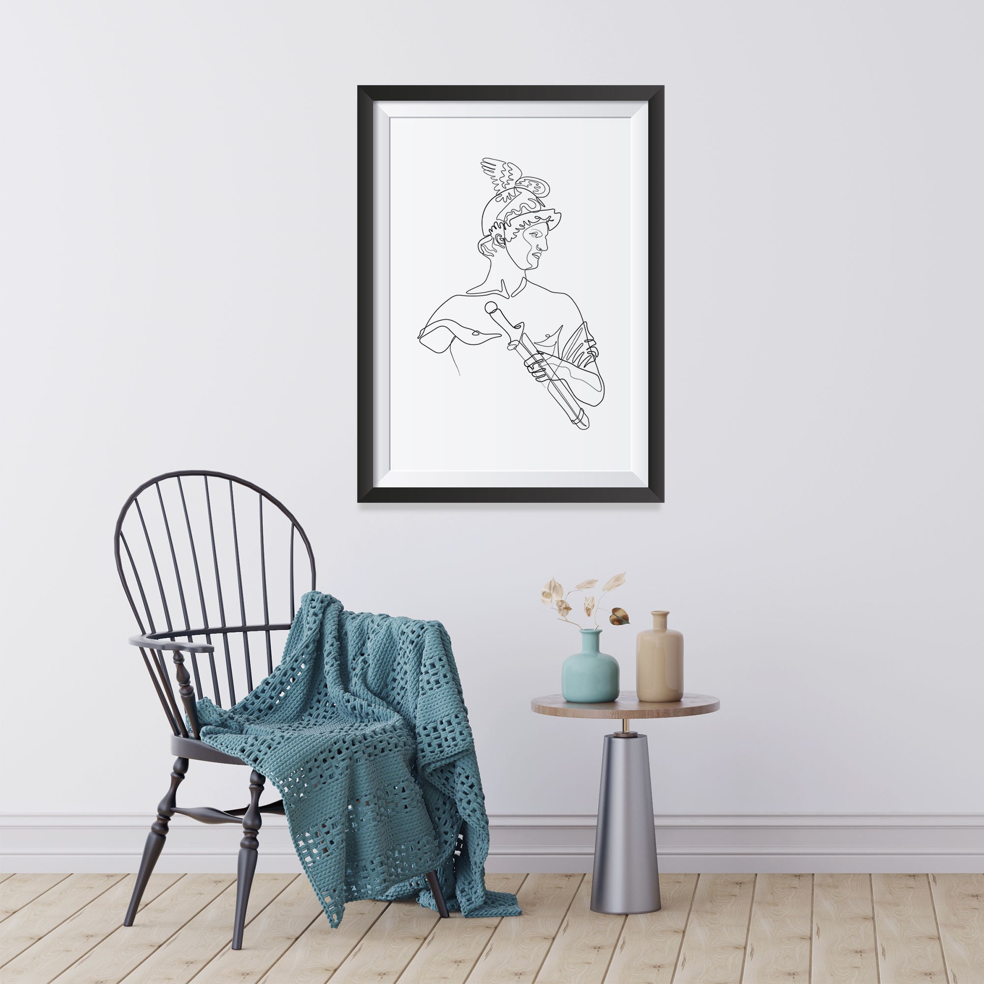 Abstract Hermes Line Drawing, Greek God Mythology Minimal One Line Wall ...