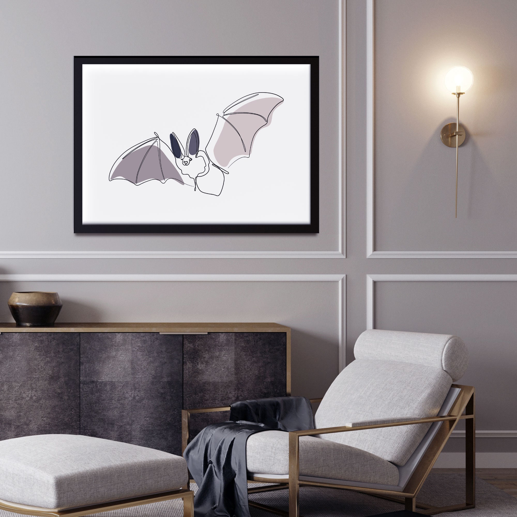 Abstract Flying Bat Line Drawing Wall Art, One Line Minimalist Home ...