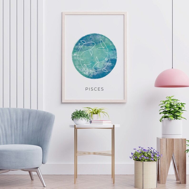 Abstract Pisces Line Art Drawing, Horoscope Wall Art, Zodiac Sign ...