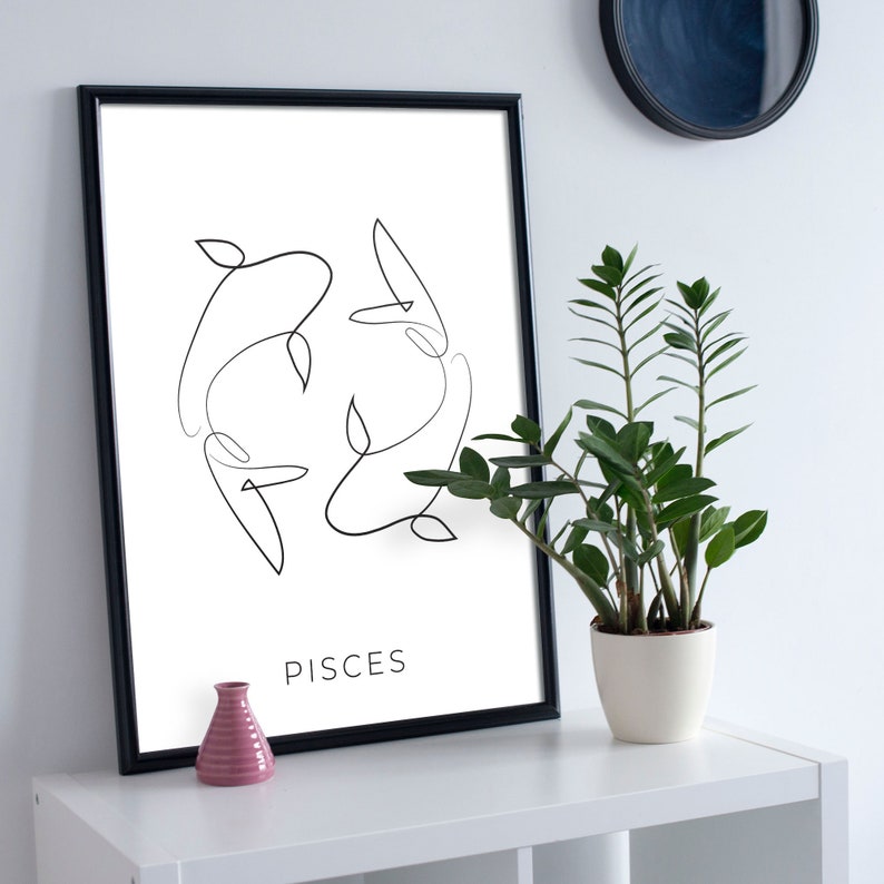 Abstract Pisces Line Art Drawing, Horoscope Wall Art, Zodiac Sign ...