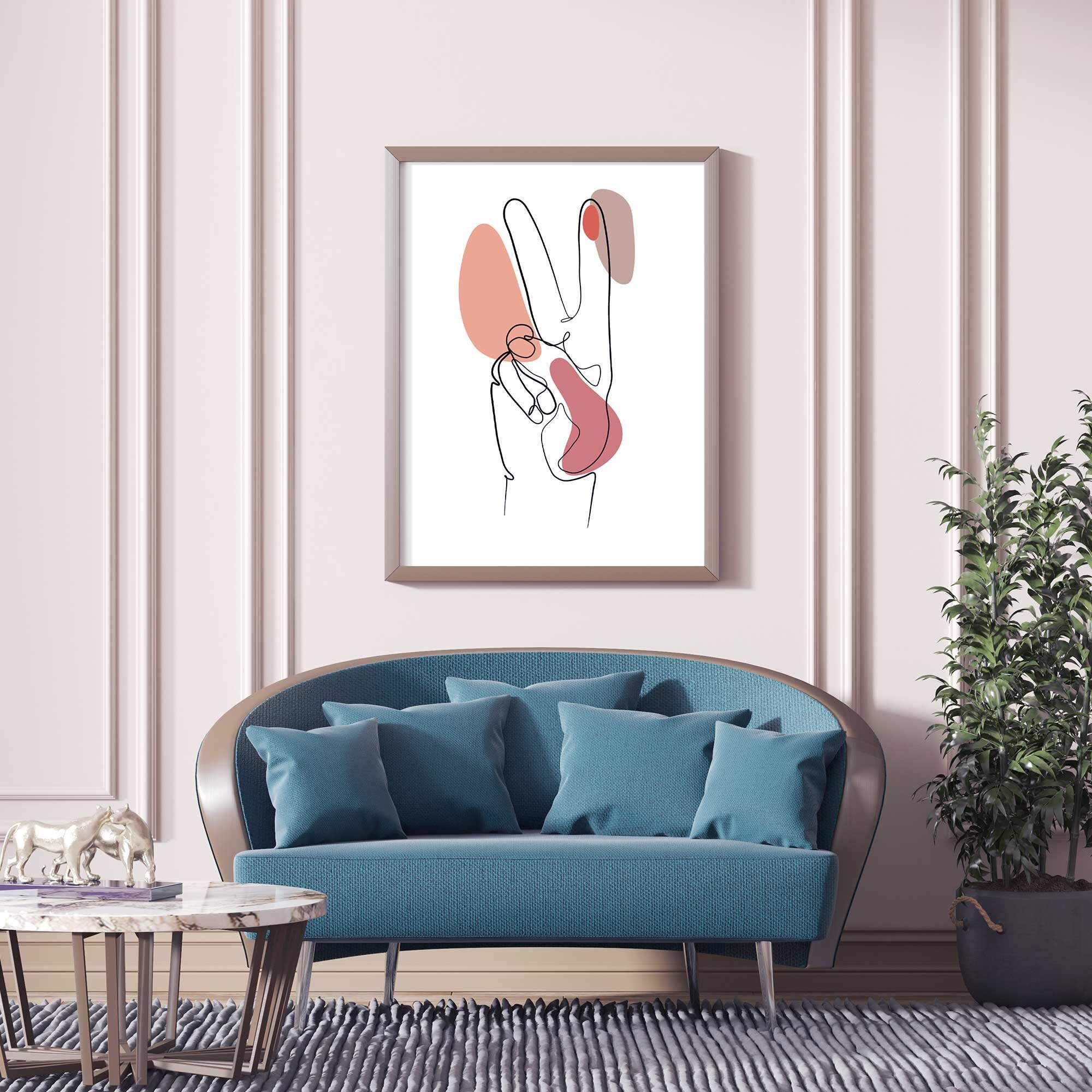 Abstract Peace Hand Sign Line Drawing Wall Art, One Line Minimalist ...