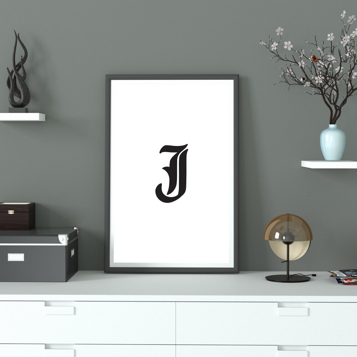 Letter J Blackletter Monogram Print, Minimalist Wall Art (digital ...