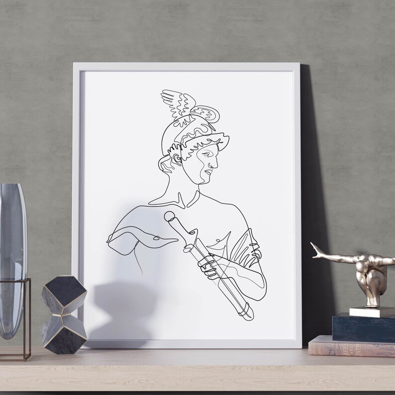 Abstract Hermes Line Drawing, Greek God Mythology Minimal One Line Wall ...