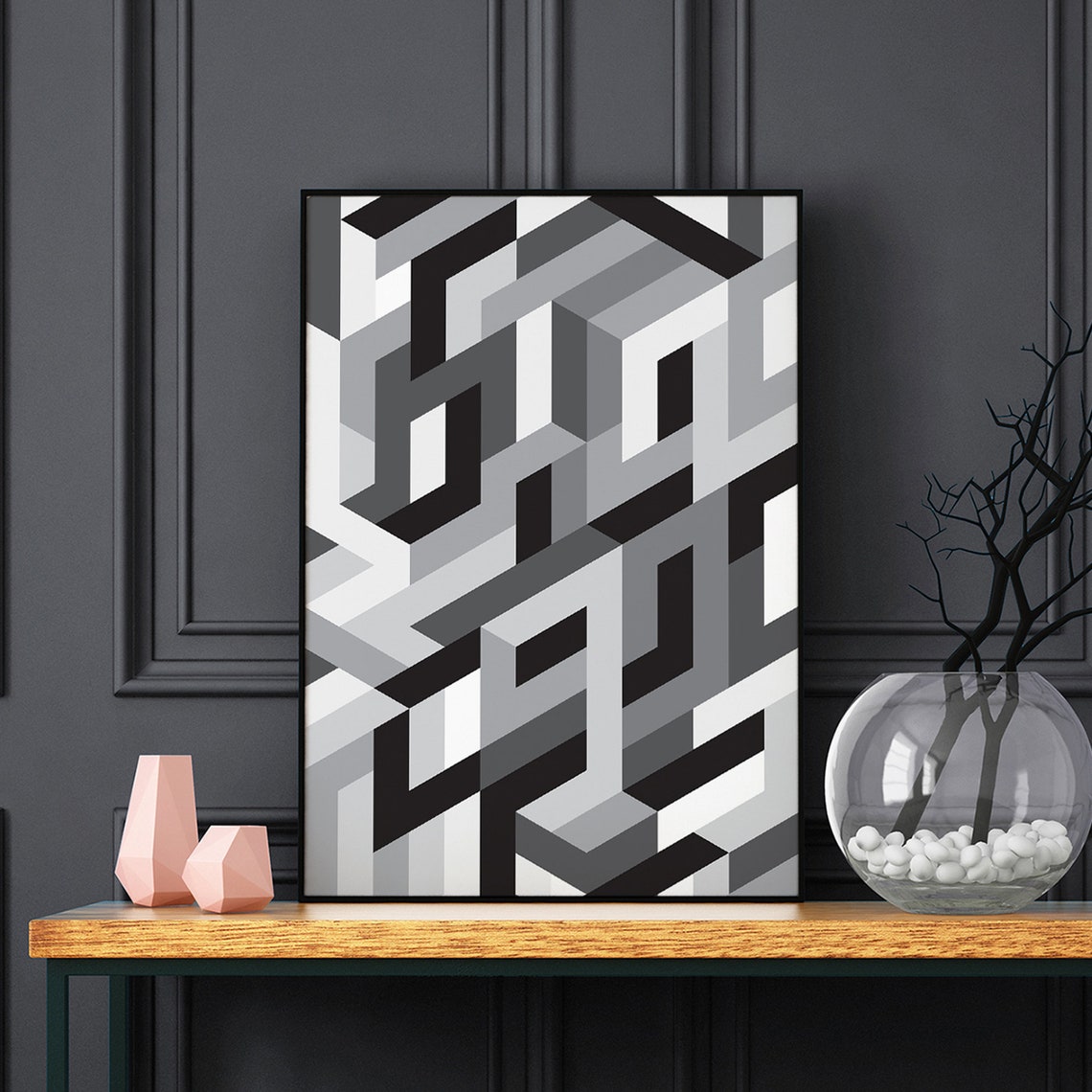 Monochromatic Isometric Pattern Geometric Wall Art Geometry - Etsy