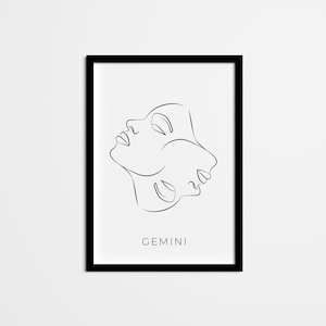 Abstract Gemini Line Art Drawing, Horoscope Wall Art, Zodiac Sign ...