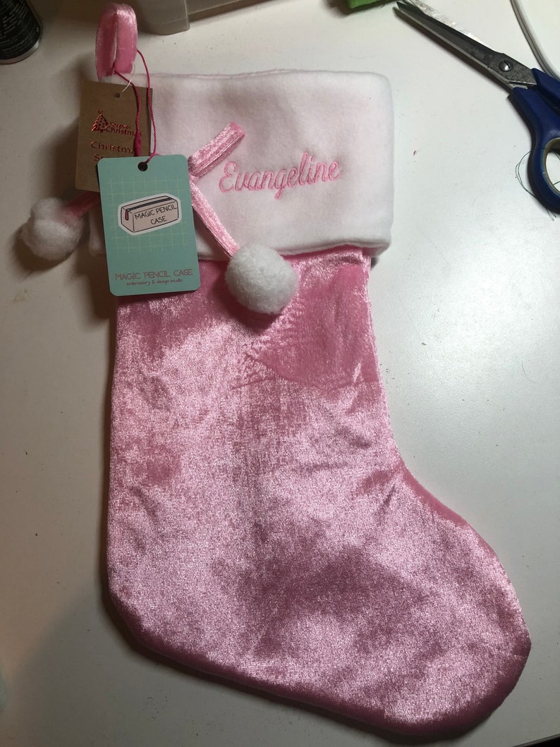 Personalised Embroidered Velvet Feel Plush Baby Pink Stocking With Pom ...