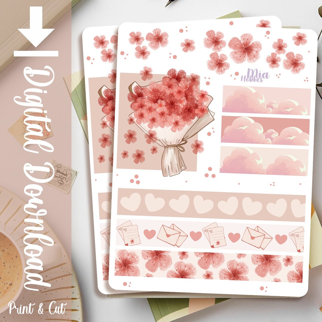 Cherry Blossom Printable Stickers, Pink Digital Sticker Sheet, Sakura ...