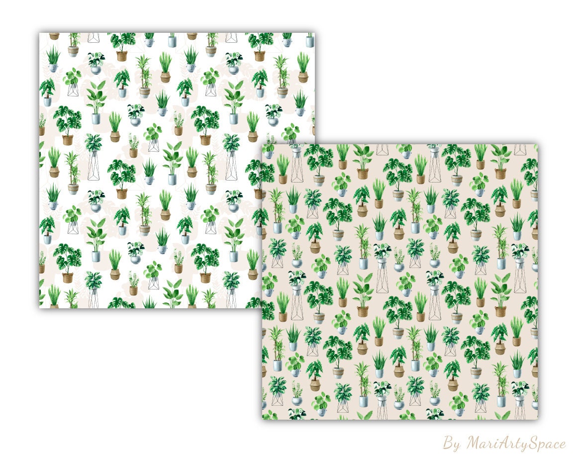 Watercolor Indoor Plants Digital Paper home potted plants | Etsy