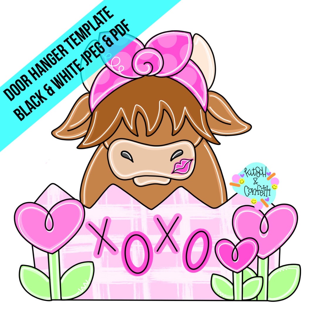 TEMPLATE: Valentines Day Door Hanger Template, Highland Cow Door Hanger ...