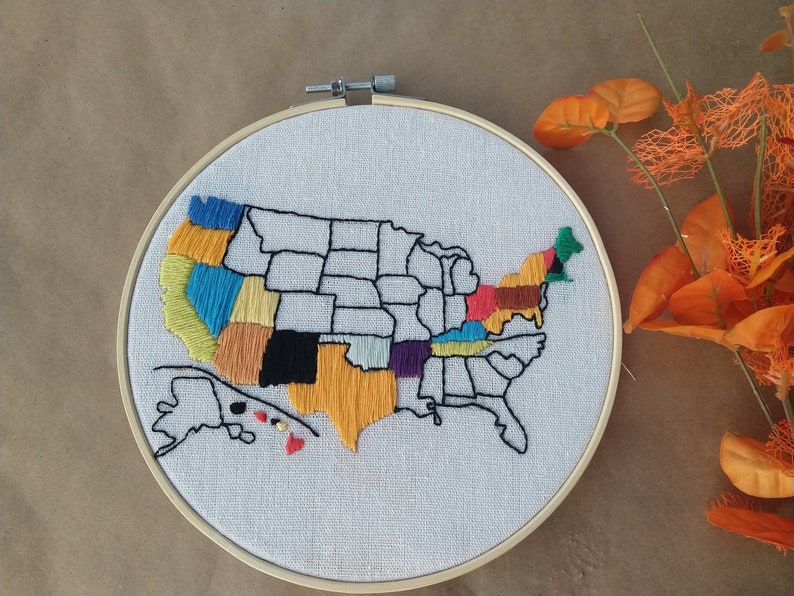 8",hand Embroidery USA Map Hoop Art, Modern Hand Embroidery USA Map ...