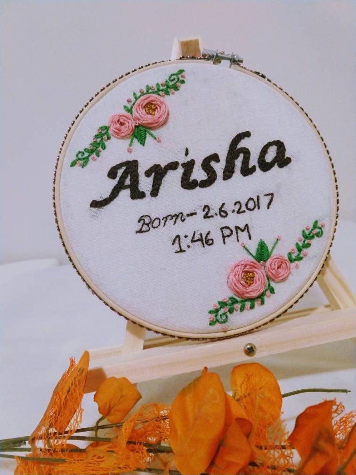 Customized name and date embroidery Floral hoop arthand | Etsy