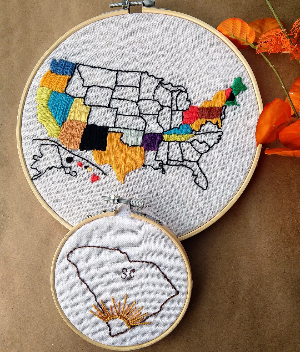 8",hand Embroidery USA Map Hoop Art, Modern Hand Embroidery USA Map ...