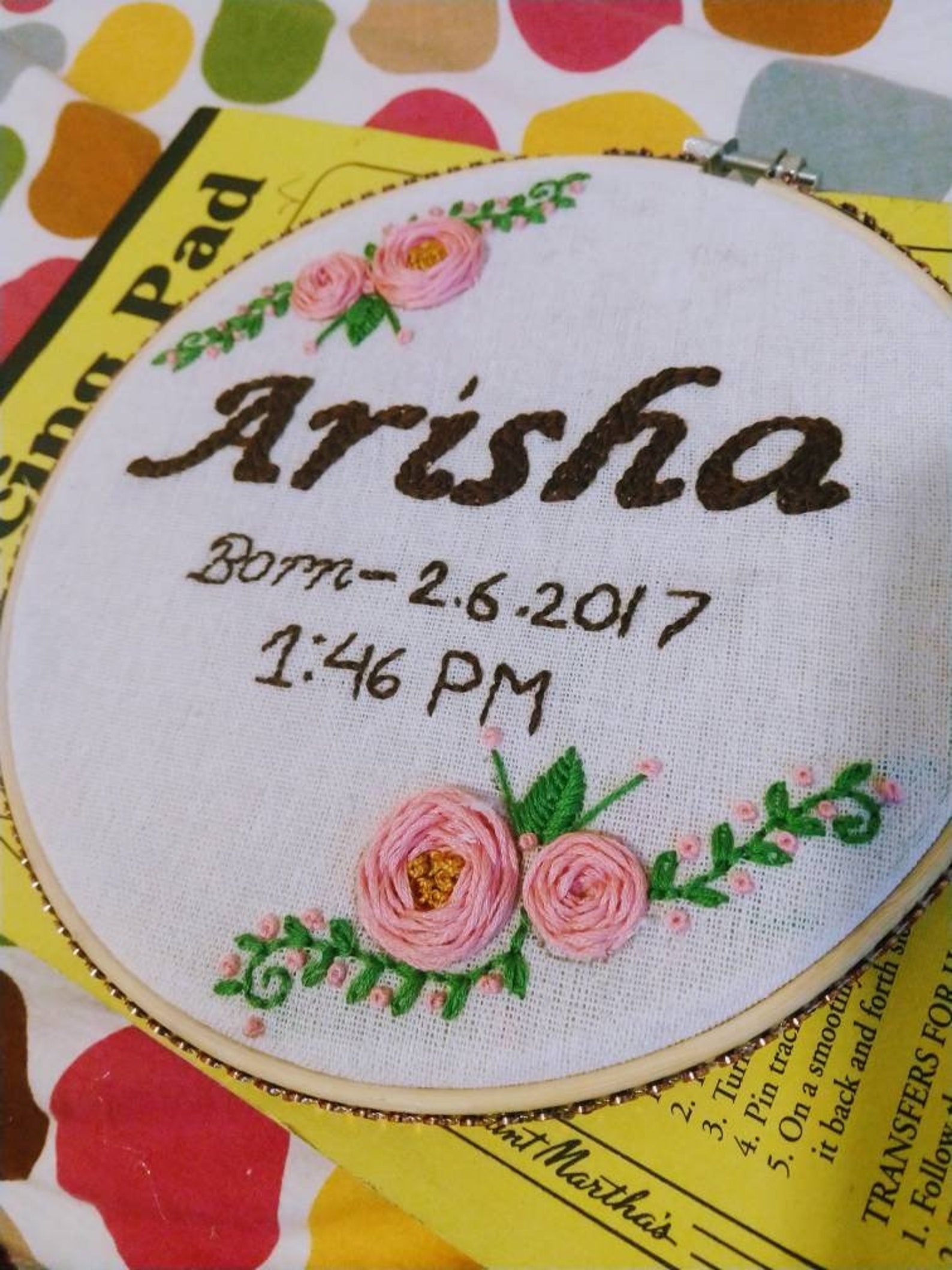 Customized Name and Date Embroidery Floral Hoop Art,hand Embroidery ...