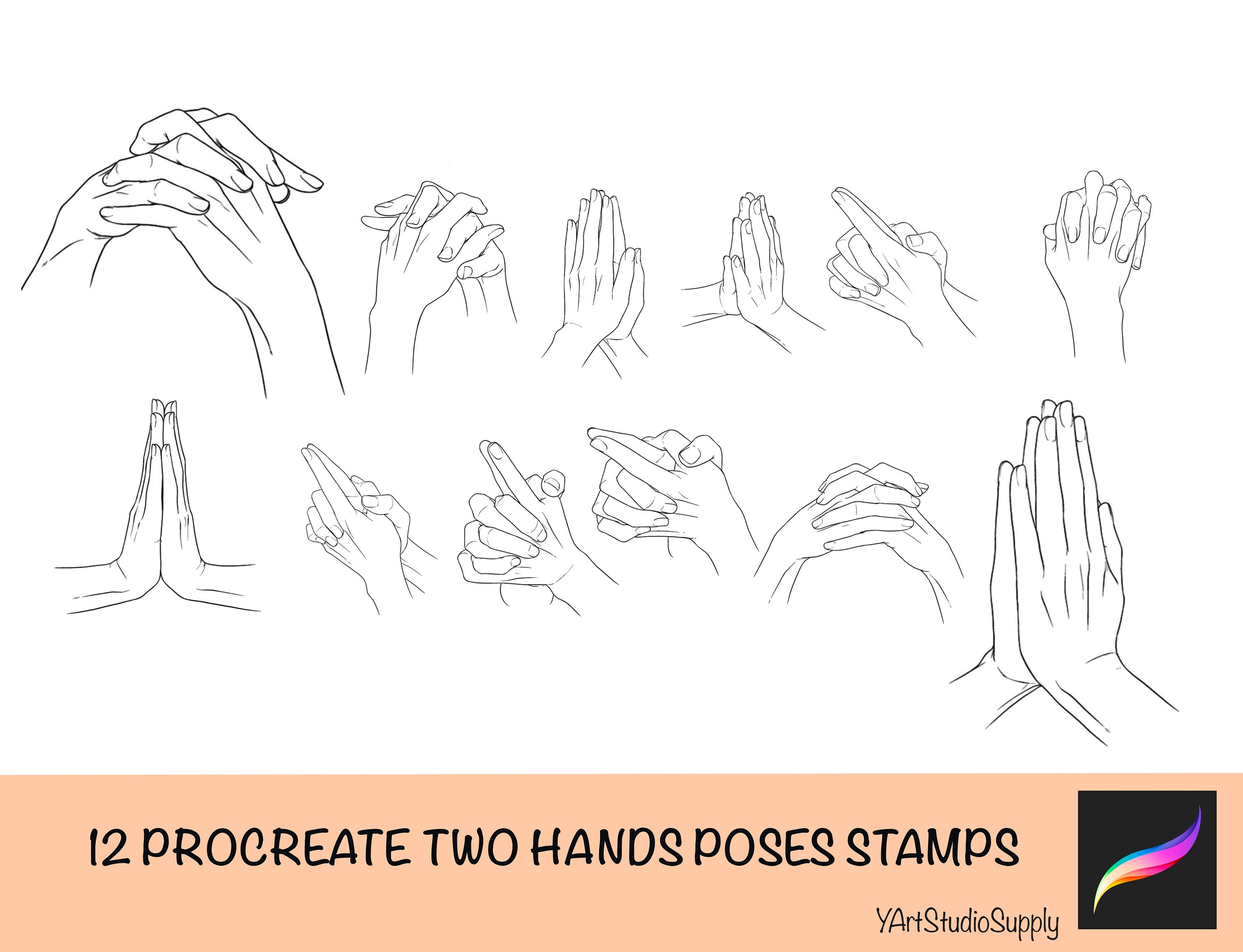 12 Gestures With Two Hands Procreate Pose Guide Stamps Different Angle ...
