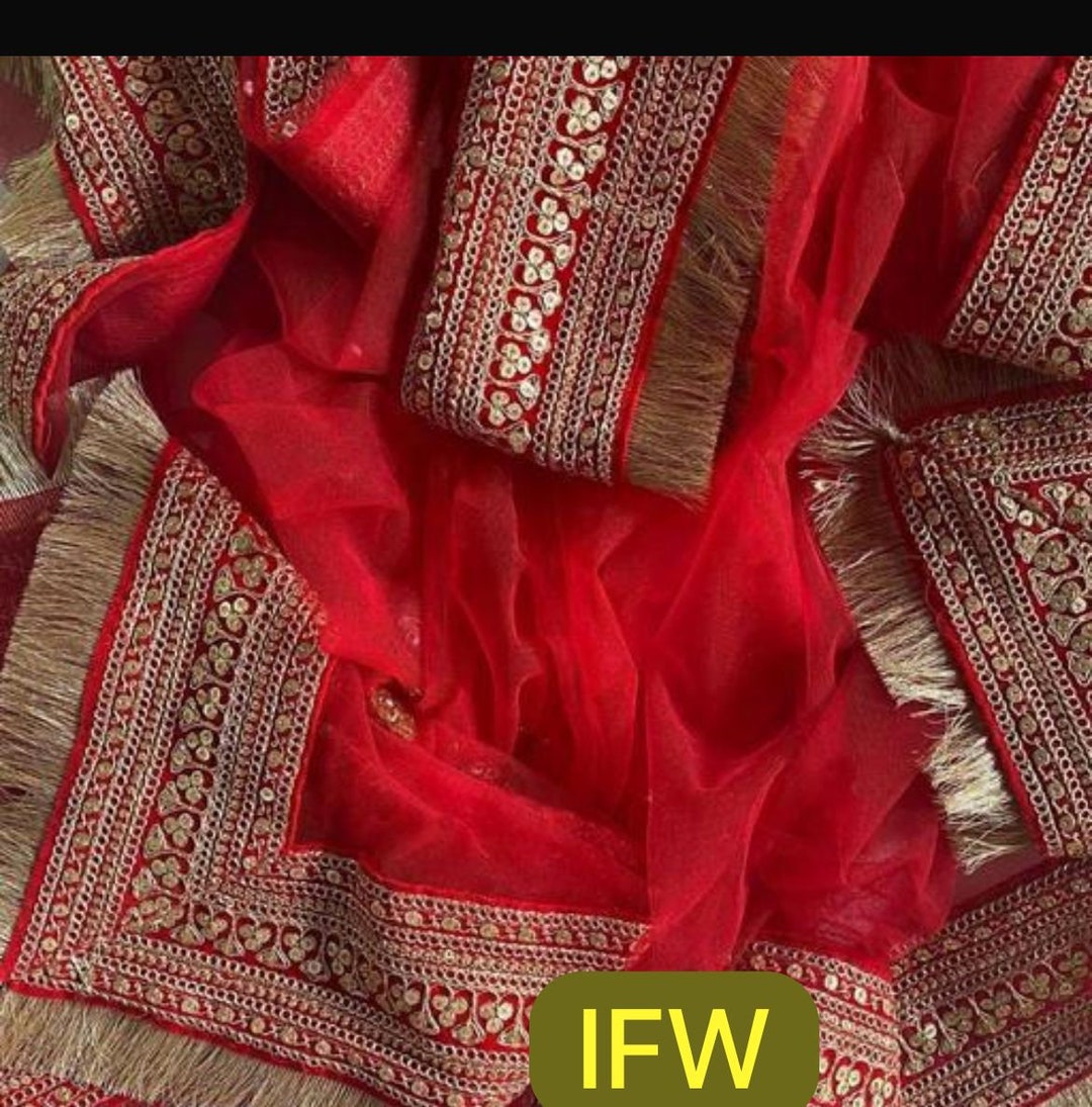 Royal Handmade Bridal Dupatta, Red Bridal Dupatta With Heavy Lace ...