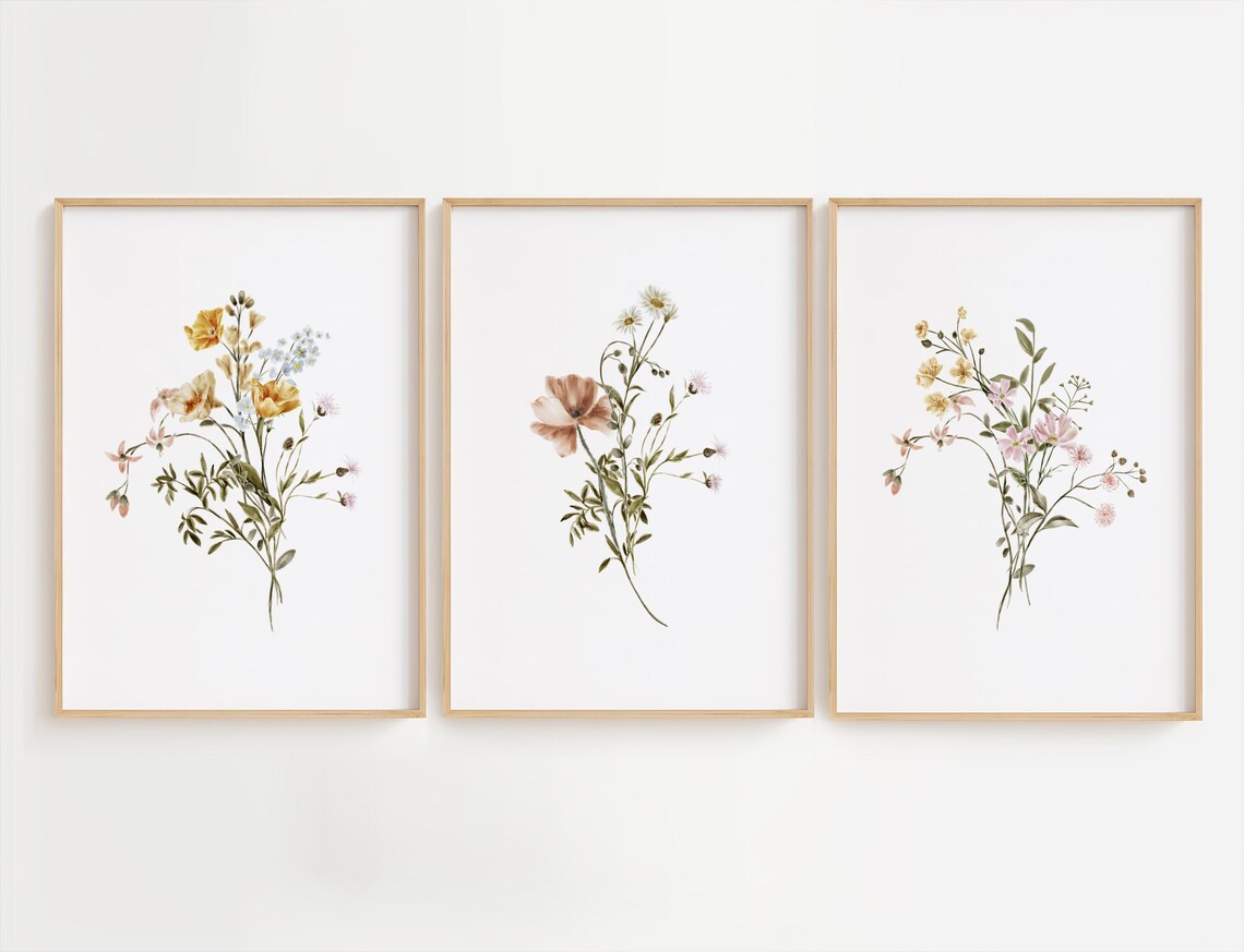 Botanical Wall Art, Flower Prints Set of 3, Wildflower Nursery Wall ...