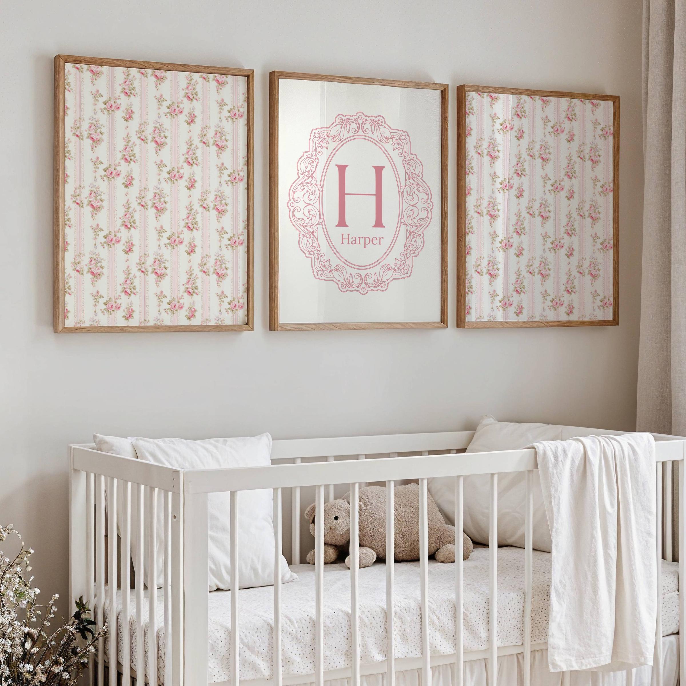 Nursery Wall Art Girl Pink Vintage Set of 3 Prints Flower Wall Decor ...