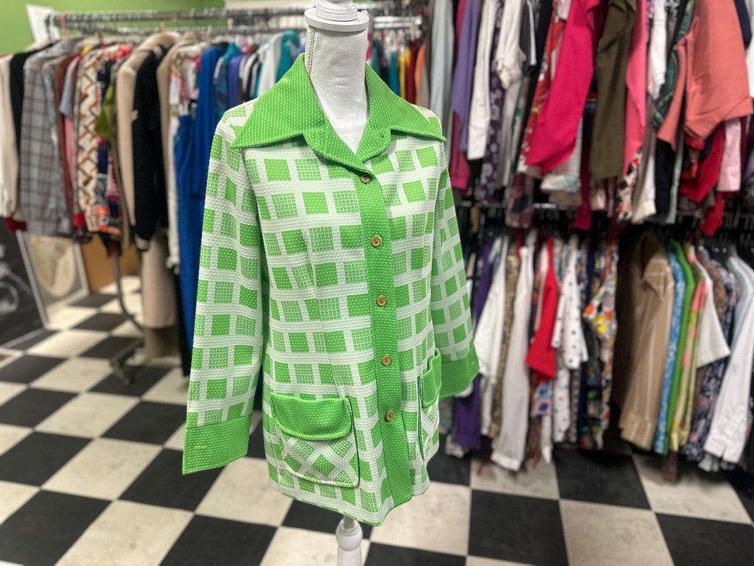 Vintage 70's Green Checkered Disco Pointed Collar Thick Polyester Knit ...