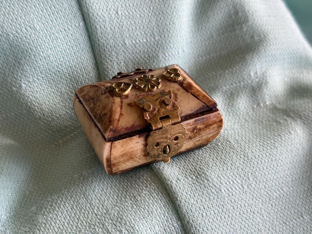 Vintage Bone Jewelry Box With Brass Details Velvet Interior Trinket Box ...