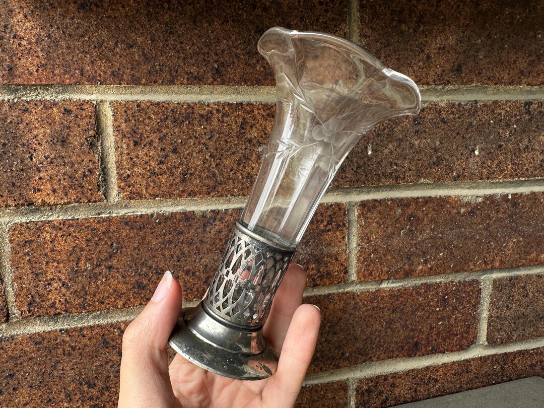 Antique Art Nouveau Etched Crystal Glass & Sliver Bud Vase - Etsy